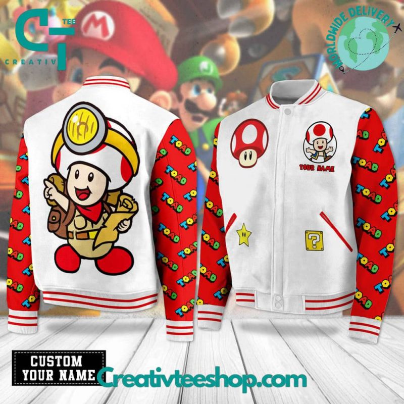 Super Mario Toad Custom Name Baseball Jacket - Creativteeshop